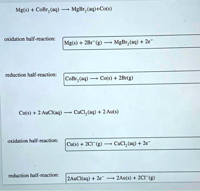Mg(s) + CoBr2(aq) MgBr2(aq) + Co(s) oxidation half-reaction: Mg(s ...