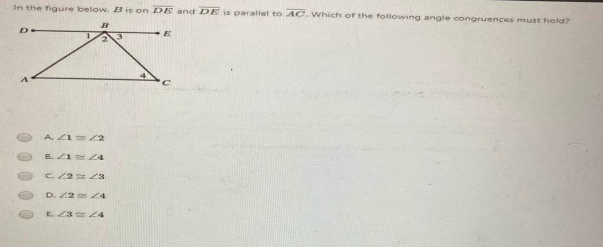 SOLVED: In the figure below. B is on D E and D E is parallel to A C. Which of the following ...