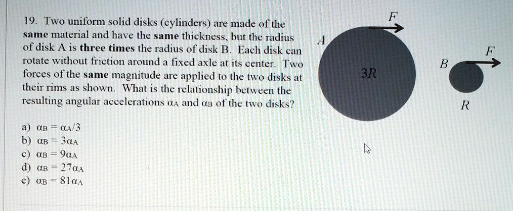 SOLVED: 19. Two uniform solid disks (cylinders) are made of the same material and have the same ...