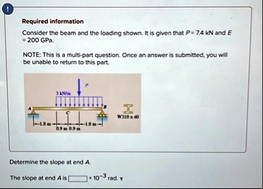required information consider the beam and the loading shown it is given that p 74 kn and e 200 ...