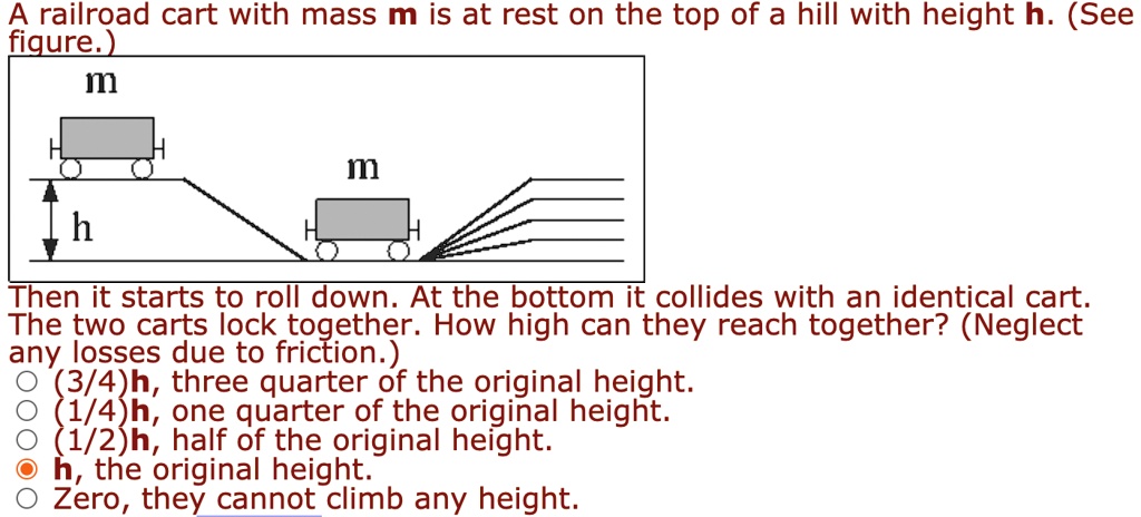 A railroad cart with mass m is at rest on the top of a hill with height ...