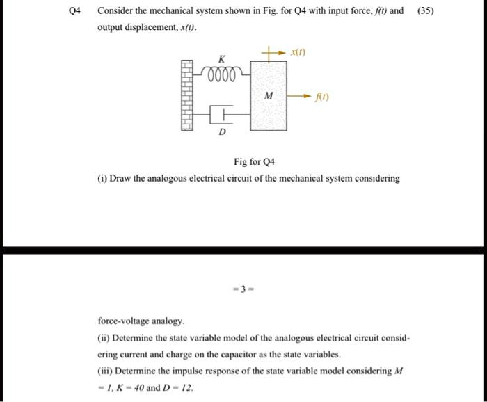Q4 Consider the mechanical system shown in Fig. for Q4 with input force, f(t) and output ...
