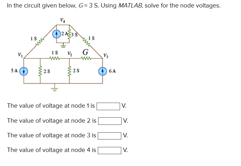 In the circuit given below.G=3 S.Using MATLAB,solve for the node voltages VA 1S 1S 1s W V2 G WM ...