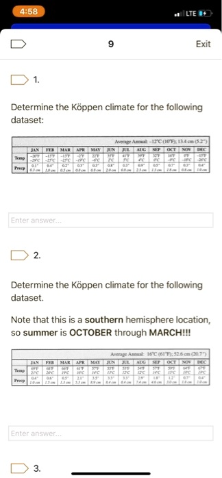 SOLVED: 4858 LE # Exit Determine the Koppen climate for the following ...