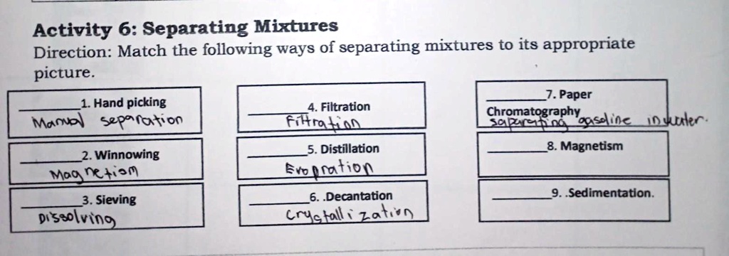 Activity 6: Separating Mixtures Direction: Match the following ways of ...