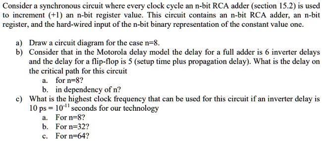SOLVED: Consider a synchronous circuit where every clock cycle an n-bit RCA adder (section 15.2 ...