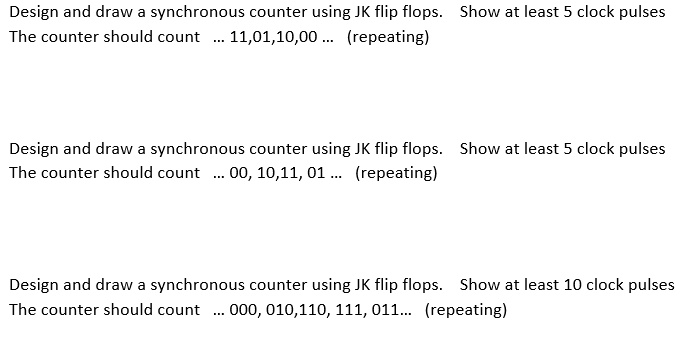 Design and draw a synchronous counter using JK flip flops. Show at least 5 clock pulses The ...