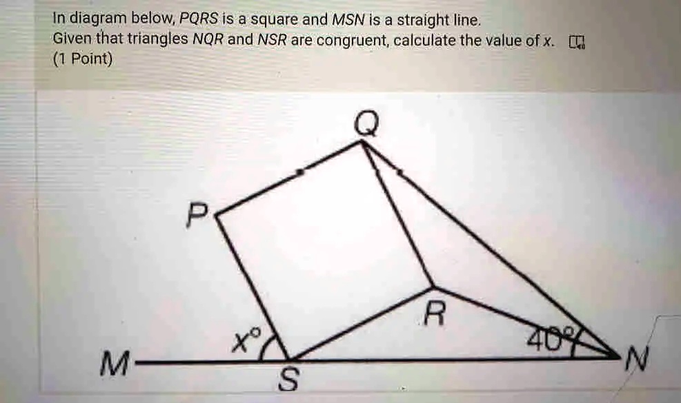 SOLVED: In the diagram below, PQRS is a square and MSN is a straight line. Given that triangles ...