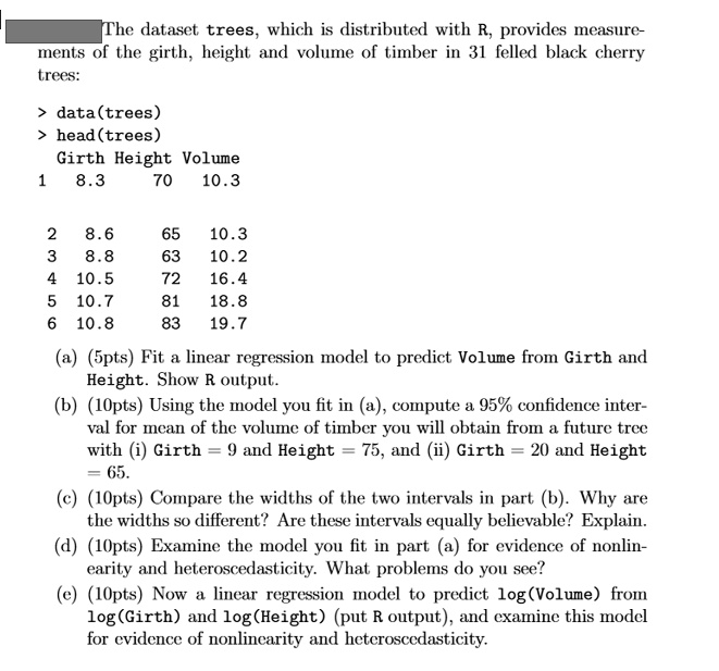SOLVED: The dataset "trees," which is distributed with R, provides ...