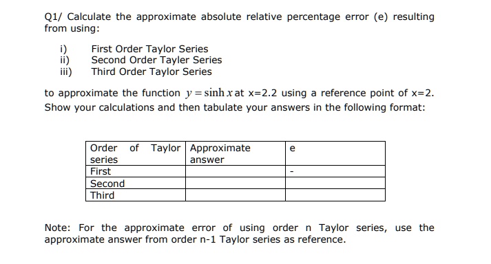 SOLVED:Q1/ Calculate the approximate absolute relative percentage error (e) resulting from using ...