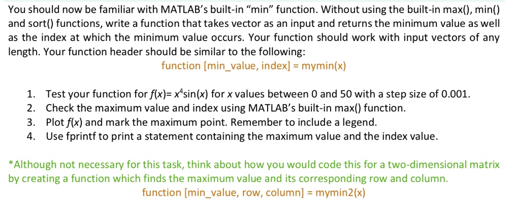 Solved Matlab Question Creating A Function To Find The Minimum Value And Index You Should Now 4645