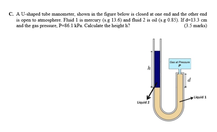SOLVED: A U-shaped tube manometer, shown in the figure below, is closed at one end and the other ...