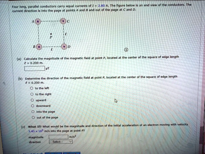 SOLVED: Four long: parallel conductors carry equa currents of 2.80 The ...