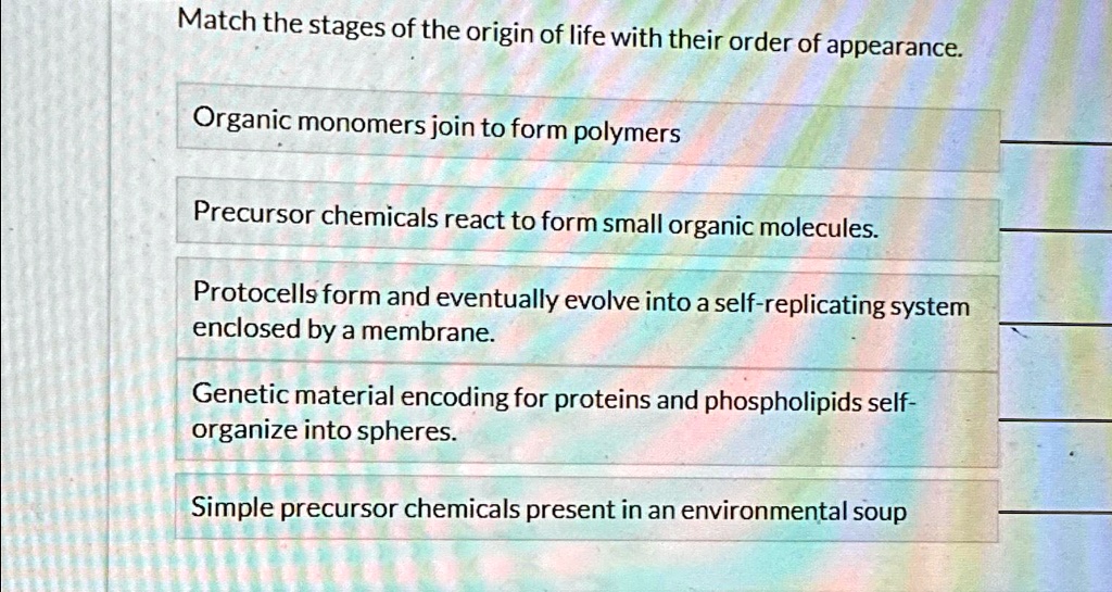 Match the stages of the origin of life with their order of appearance ...