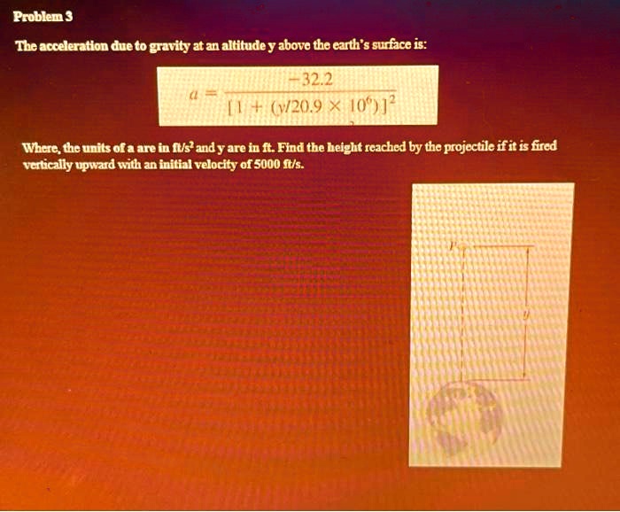 SOLVED: Problem3 The acceleration due to gravity at an altitude y above the earth's surface is ...
