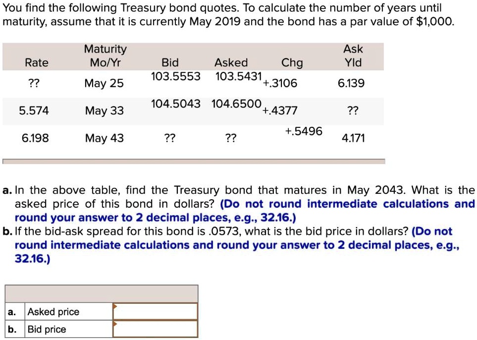 SOLVED: You find the following Treasury bond quotes. To calculate the ...
