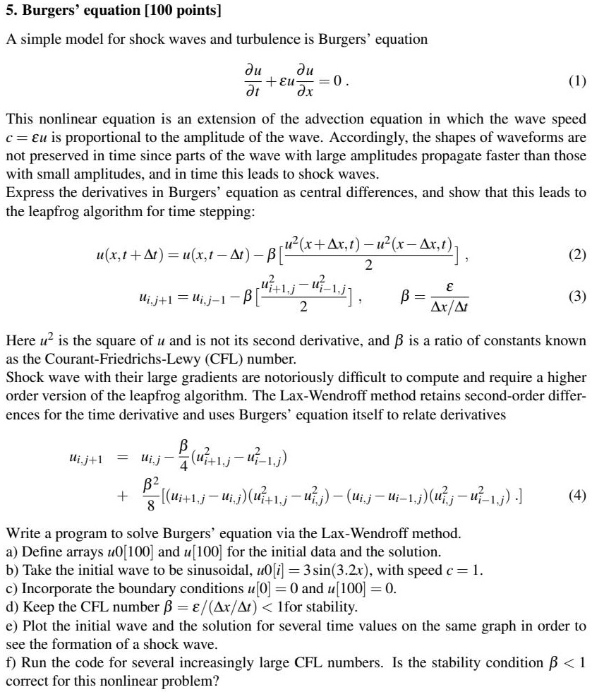 python code for computational physics 5 burgers equation 100 points a simple model for shock ...