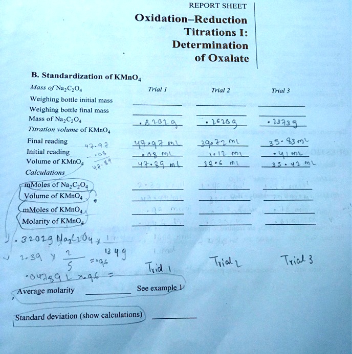 SOLVED: REPORT SHEET Oxidation-Reduction Titrations I: Determination of ... SOLVED: REPORT SHEET Oxidation-Reduction Titrations I: Determination of ...