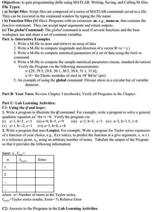 Solved Objectives Gain Programming Skills Using Matlab Writing Saving And Calling M Files 0135