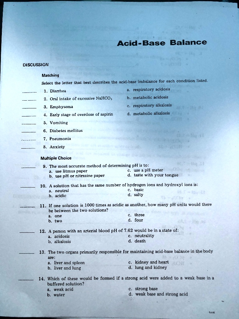 SOLVED: Text: Acid-Base Balance DISCUSSION Matching: Select the letter ...