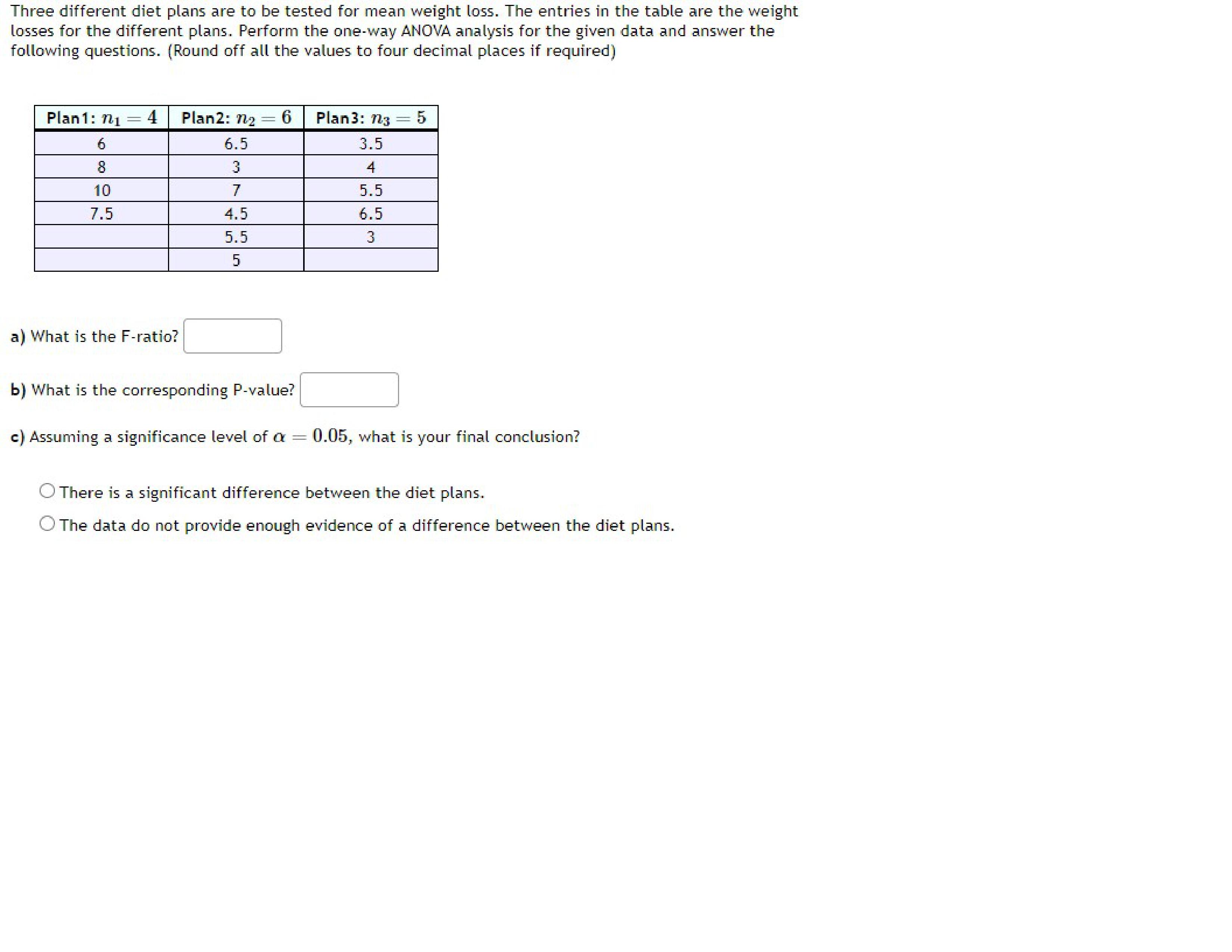 SOLVED: Three different diet plans are to be tested for mean weight ...