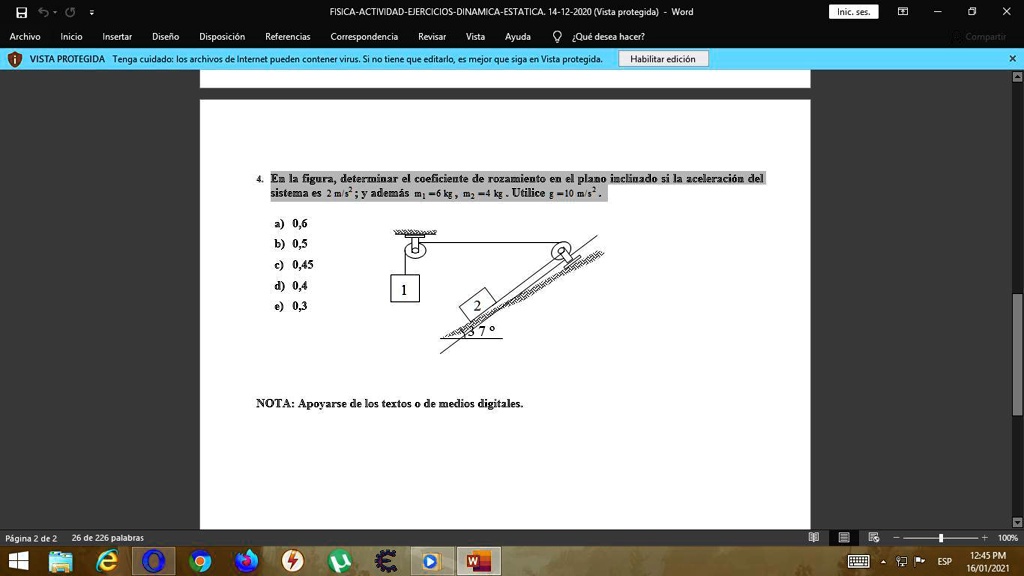 4 en la figura determinar el coeficiente de rozamiento en el plano ...