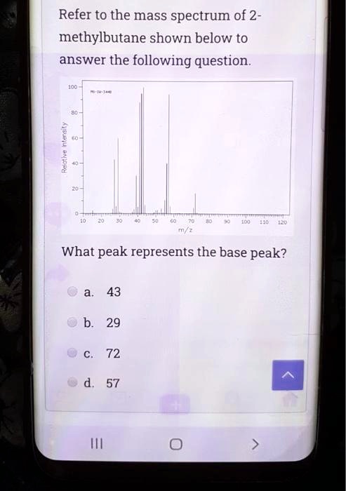 Refer to the mass spectrum of 2- methylbutane shown below to answer the ...