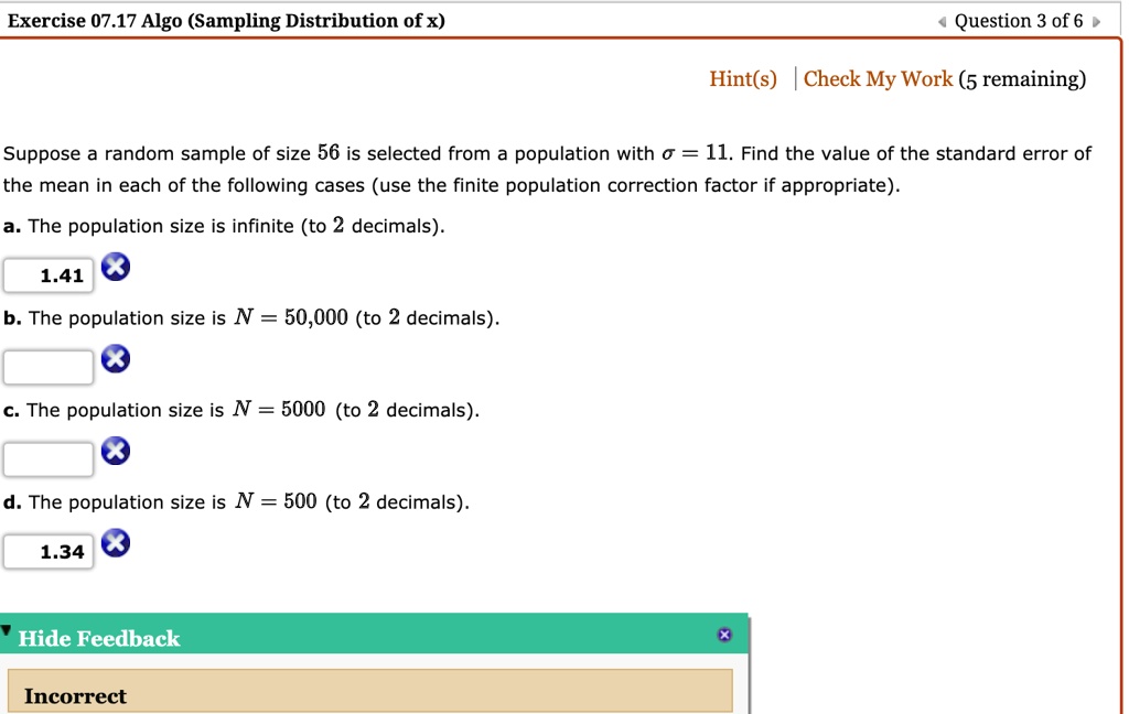 exercise 0717 algo sampling distribution of x question 3 of 6 hints check my work 5 remaining ...