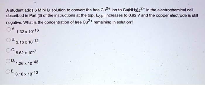 SOLVED: A student adds 6 M NH3 solution to convert the free Cu2+ ion to ...