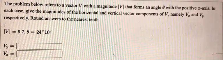 SOLVED: The problem below refers to vector V with magnitude |V| that forms an angle Î¸ with the ...