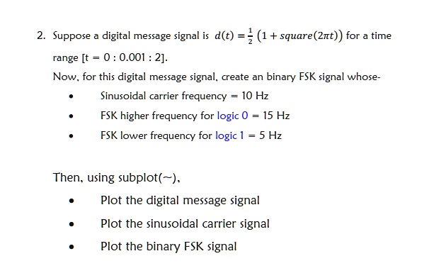 SOLVED: Suppose the digital message signal is d(t) = 1 (1+ square(Zit)) for the time range [t ...