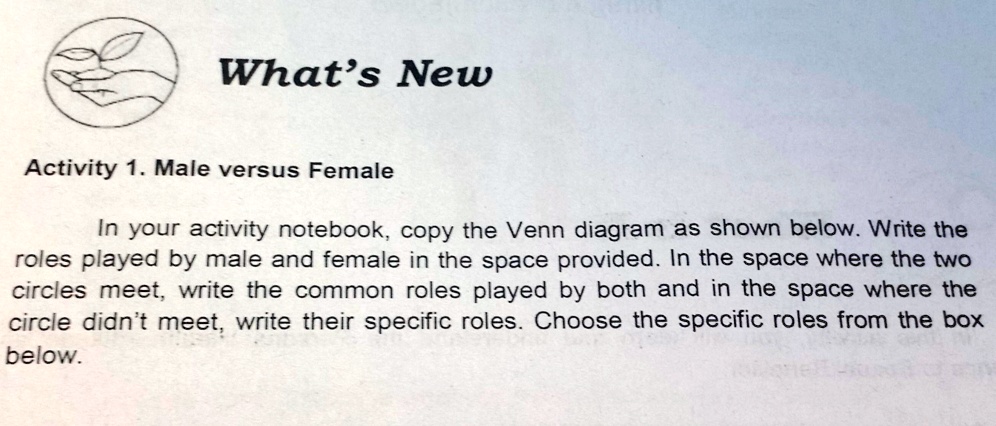 SOLVED: What's New Activity 1: Male versus Female In your activity notebook, copy the Venn ...