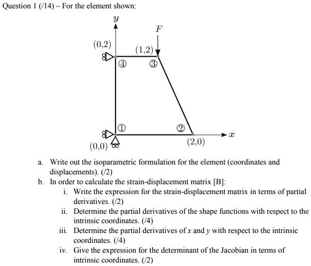 Question 1 (/14) - For the element shown: y (0,2) 4 (1,2) F 3 2 x (2,0 ...