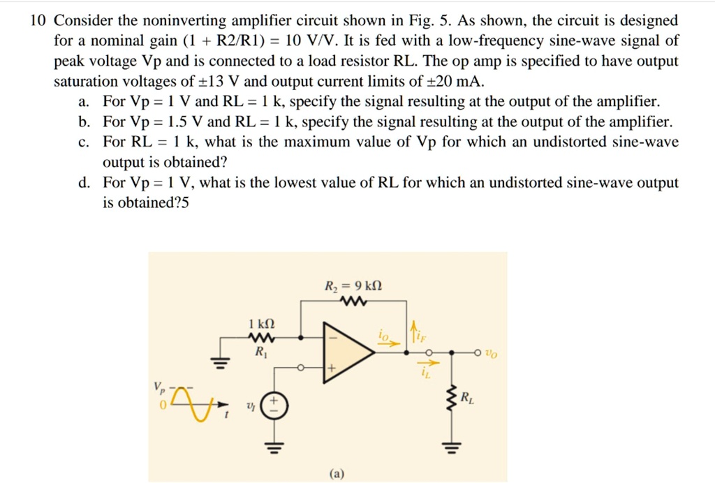 SOLVED: 10 Consider the noninverting amplifier circuit shown in Fig. 5. As shown, the circuit is ...