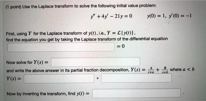 SOLVED:point) Use the Laplace transform to solve the following initial value problem: Y" +4y 2ly ...