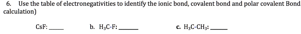 6 use the table of electronegativities to identify the ionic bond ...