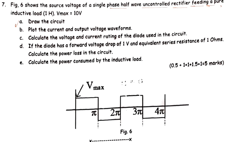 7 fig 6 shows the source voltage of a single phase half wave uncontrolled rectifier feeding a ...