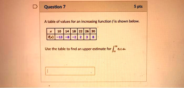 Question 7 5 pts A table of values for an increasing function f is shown below: Use the table to ...