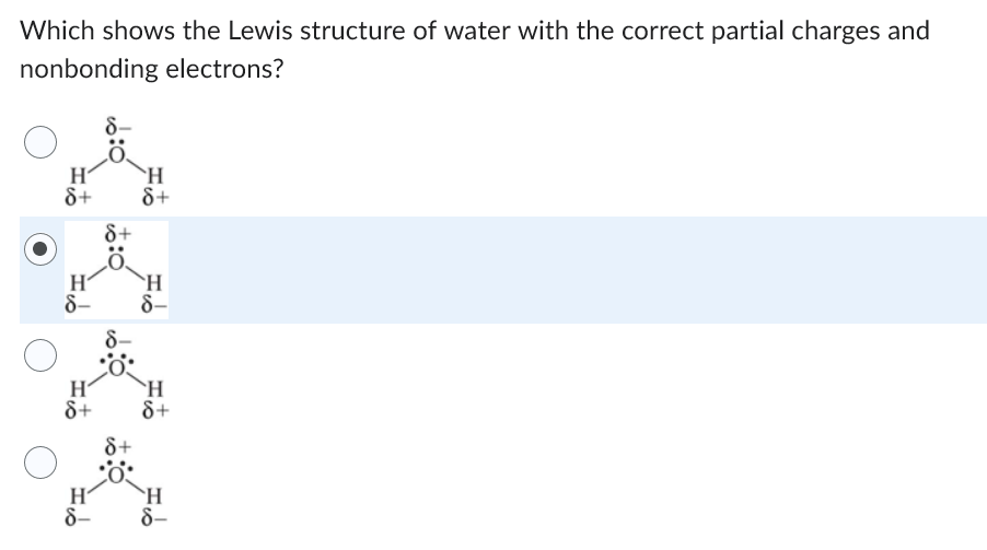 which shows the lewis structure of water with the correct partial ...
