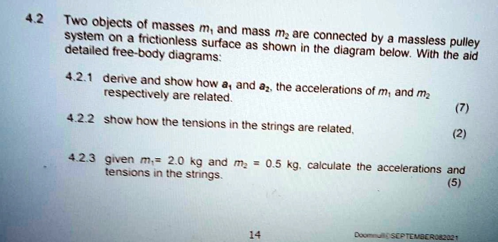 SOLVED: Two objects of masses m and m2 in a system on a frictionless surface are connected by a ...