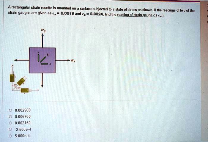 A rectangular strain rosette is mounted on a surface subjected to a ...