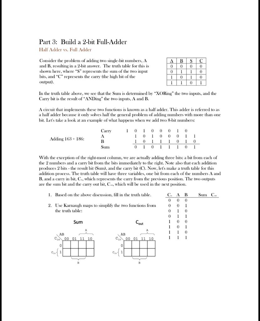 SOLVED: Part 3: Build a 2-bit Full-Adder: Half Adder vs. Full Adder Consider the problem of ...