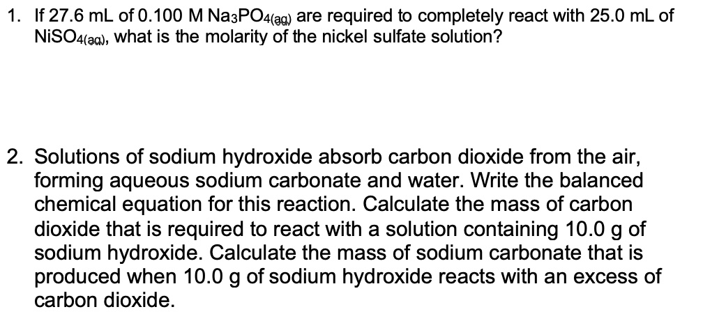 SOLVED: If 27.6 mL of 0.100 M Na3PO4(aq) are required to completely ...