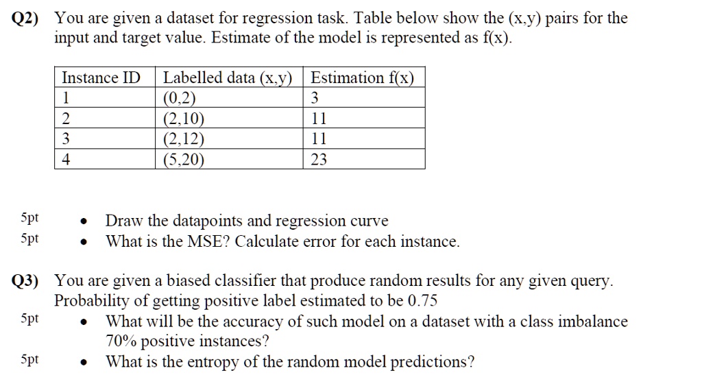 Q2) You are given a dataset for regression task. Table below show the (x,y) pairs for the input ...