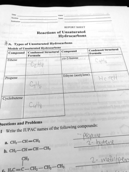 SOLVED: REPORT SHEE T Reactions of Unsaturated Hydrocarbons Types of Unsaturated Hydrocarbons ...
