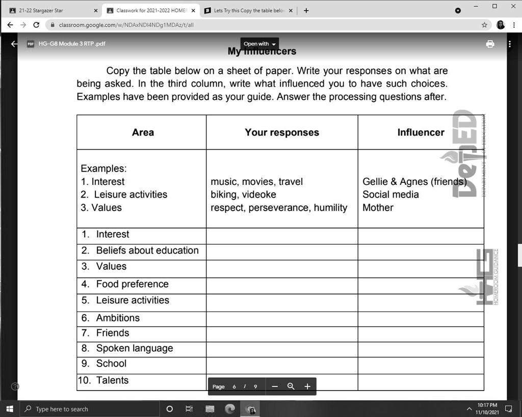 SOLVED: Copy the table below on a sheet of paper. Write your responses on what is being asked ...