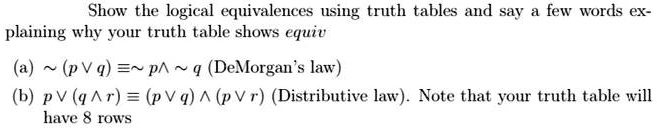 SOLVED: Show the logical equivalences using truth tables and sav few ...