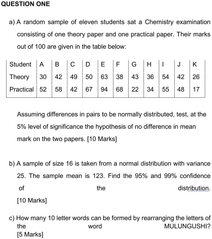 question one a a random sample of eleven students sat chemistry ...