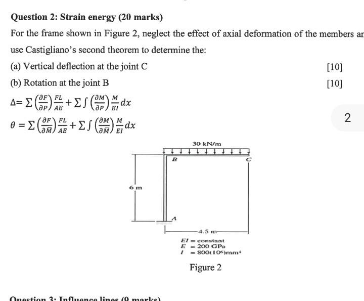 Question 2: Strain energy (20 marks) For the frame shown in Figure 2, neglect the effect of ...