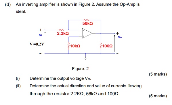 SOLVED: (d) An inverting amplifier is shown in Figure 2. Assume the Op-Amp is ideal: 56kÎ© 2.2kÎ ...